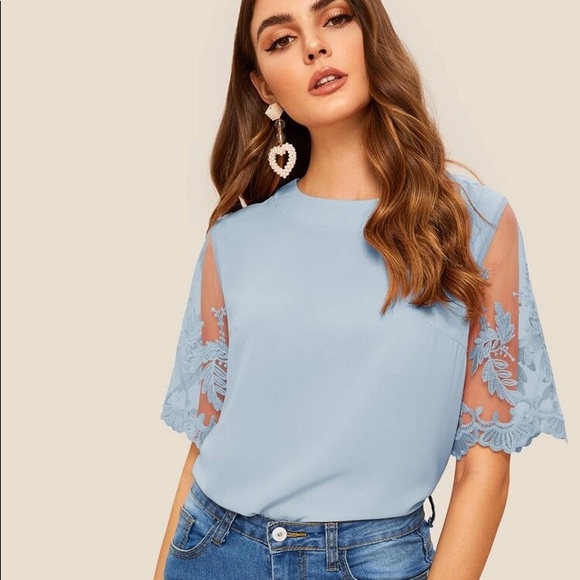 SHEIN | Tops | Nwt Shein Solid Mesh Sleeve Zip Back Blouse Baby Blue Md ...